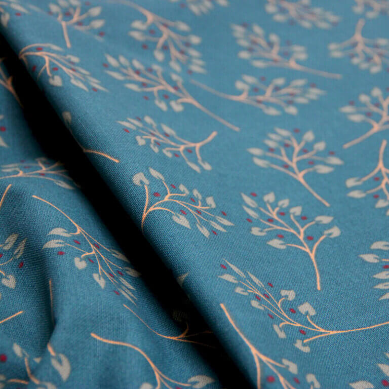 Stof Takjes op Petrol, een prachtige stof met planten » OKIKA